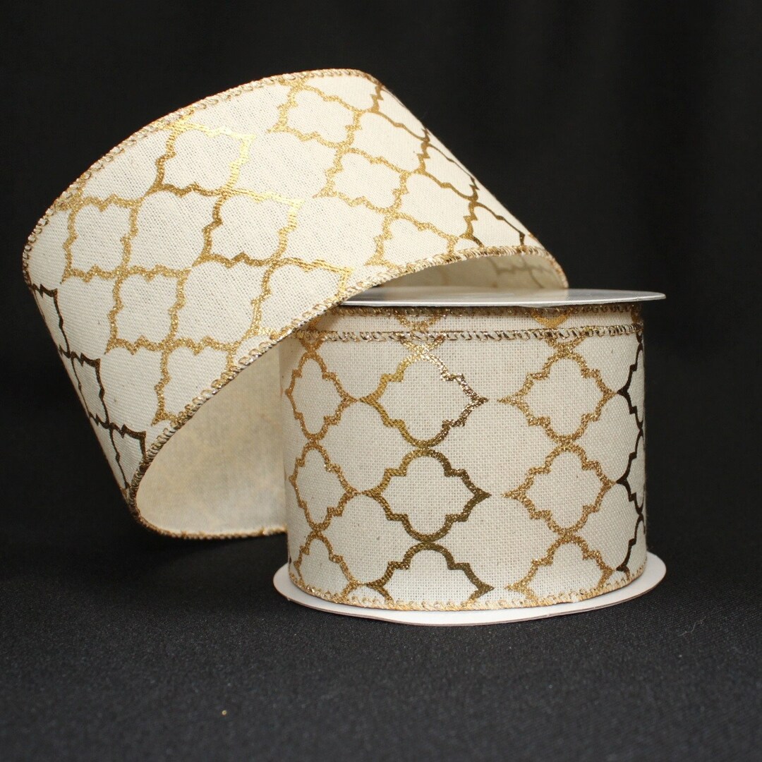 10 Yards Ivory Antique Gold Trellis Wire Edge Ribbon - Ribbon for ...