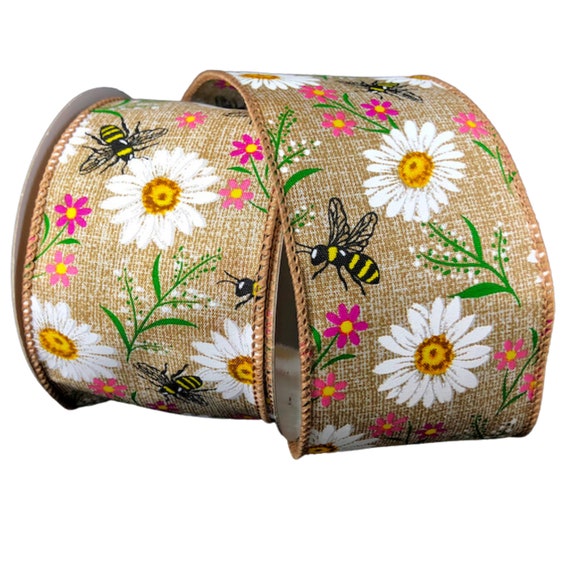 10 yards Natural Bumble Bee Daisy Wired Ribbon - Spring Wired Ribbon ...