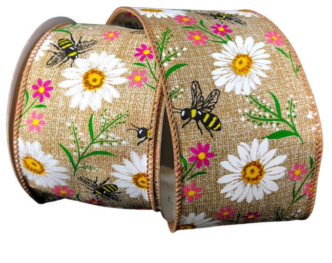 10 Yards Natural Bumble Bee Daisy Wired Ribbon - Spring Wired Ribbon ...