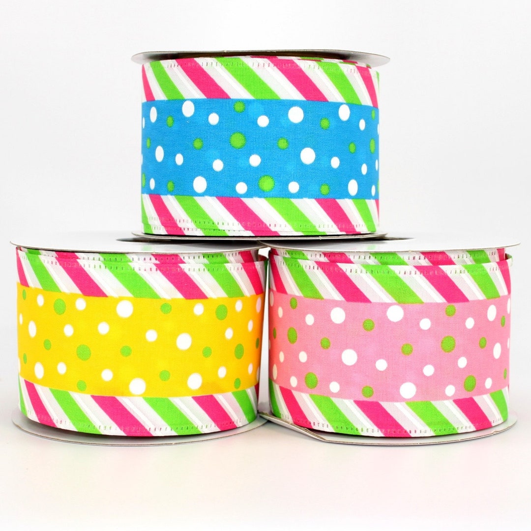 10 Yards Festive Polka Dot Diagonal Edge Spring Wired Ribbon 2.5 Wired ...