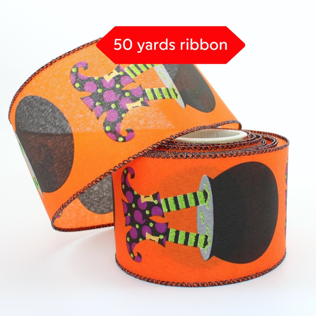 50 Yards Orange Witches Legs Cauldron Halloween Wired Ribbon - Witch ...