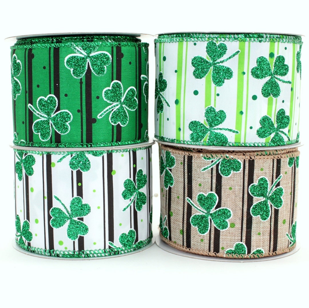 10 Yards Green Sparkle Shamrocks Stripe Edge St. Patrick's Day Wired ...