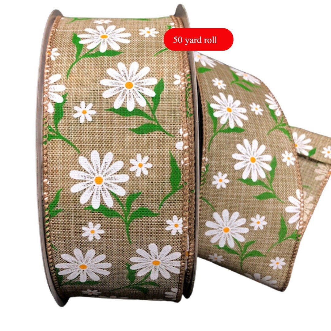 50 Yards White Daisy Natural Wired Ribbon - 2.5" Wired Ribbon, 2 Color ...