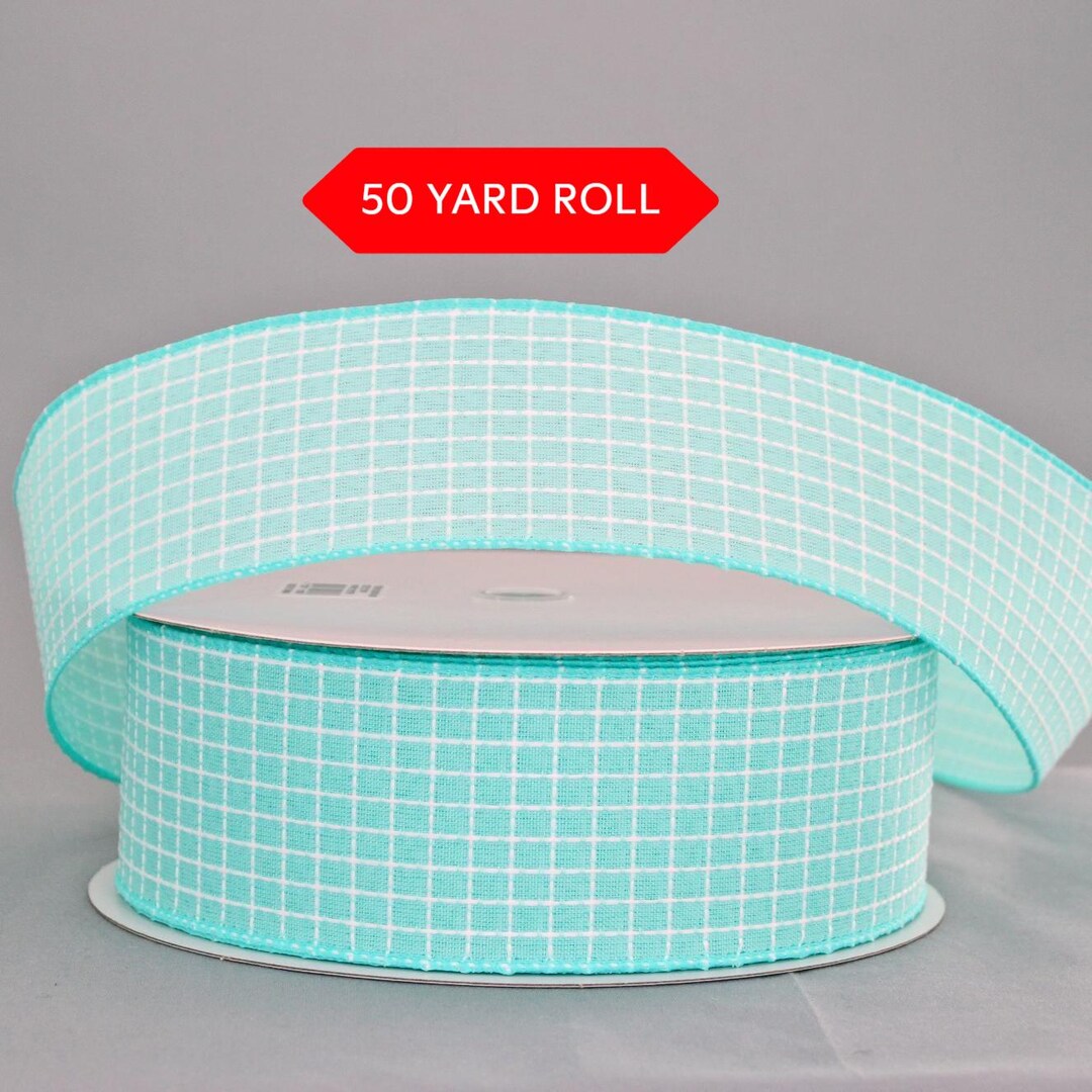 50 Yards Aqua Square Stitched Plaid Wired Ribbon - Spring Wired Ribbon ...