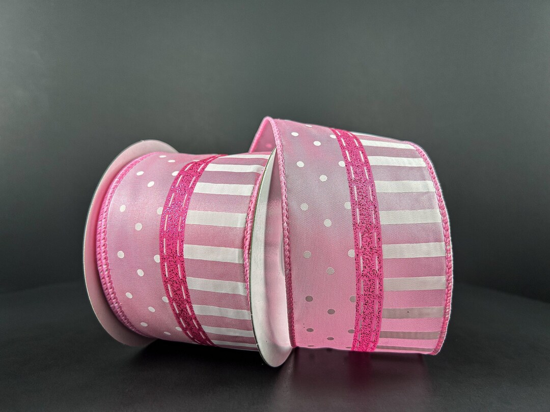 10 Yards Pink Dots Sparkle Stripe Wired Ribbon - Easter Ribbon, Baby ...