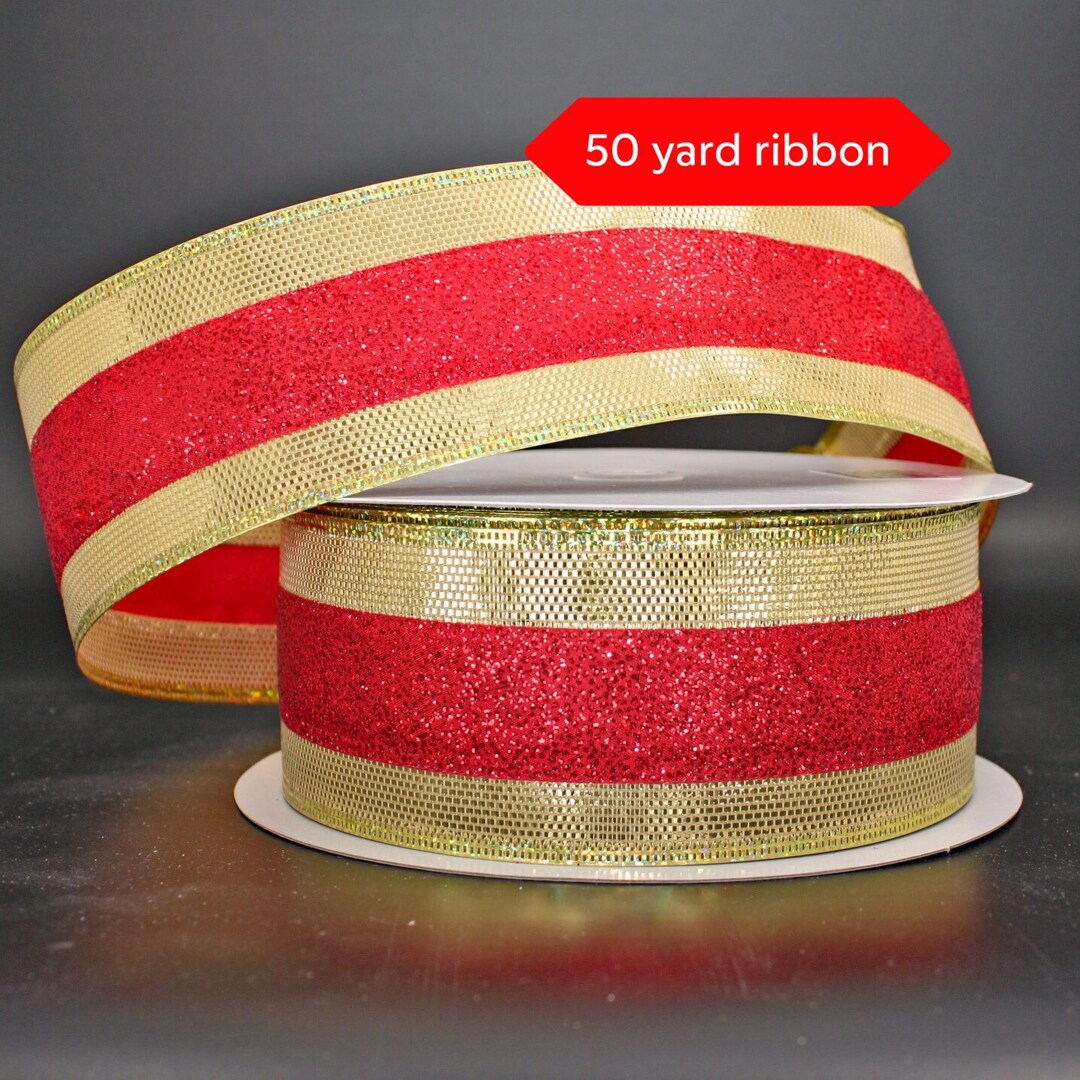 50 Yards Red Sparkle and Gold Metallic Christmas Wired Ribbon - 2.5 ...