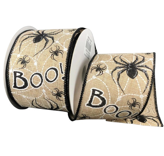 10 yards Natural Boo Spider Halloween Wired Ribbon - Halloween Ribbon ...