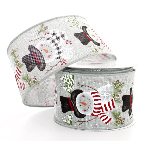 Gray Cheerful Snowman Rustic Christmas Wired Ribbon - Snowman Ribbon ...