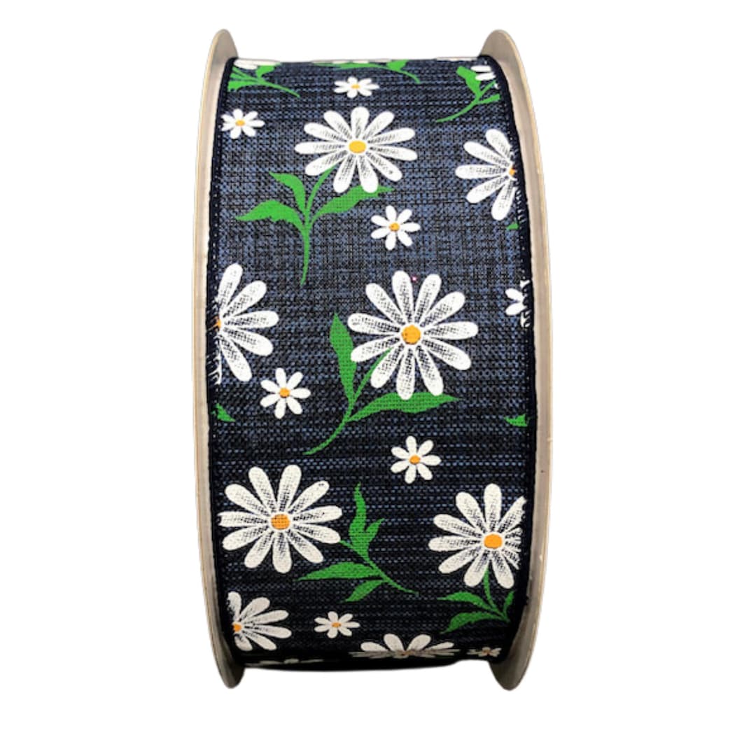 White Daisy Navy Wired Ribbon - 2.5" Wired Ribbon, 2 Color Options ...
