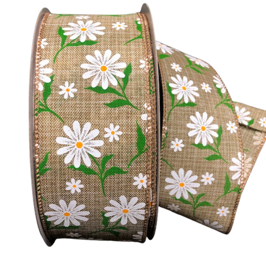 White Daisy Natural Wired Ribbon - 2.5" Wired Ribbon, 2 Color Options ...