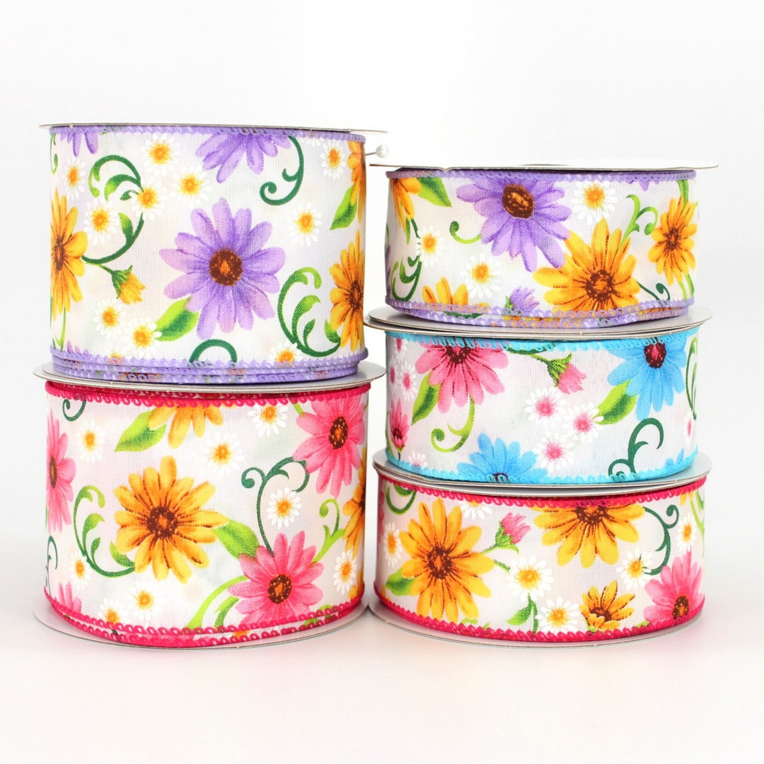 10 Yards Spring Floral Daisies Wired Ribbon - 3 Color Options, Floral ...