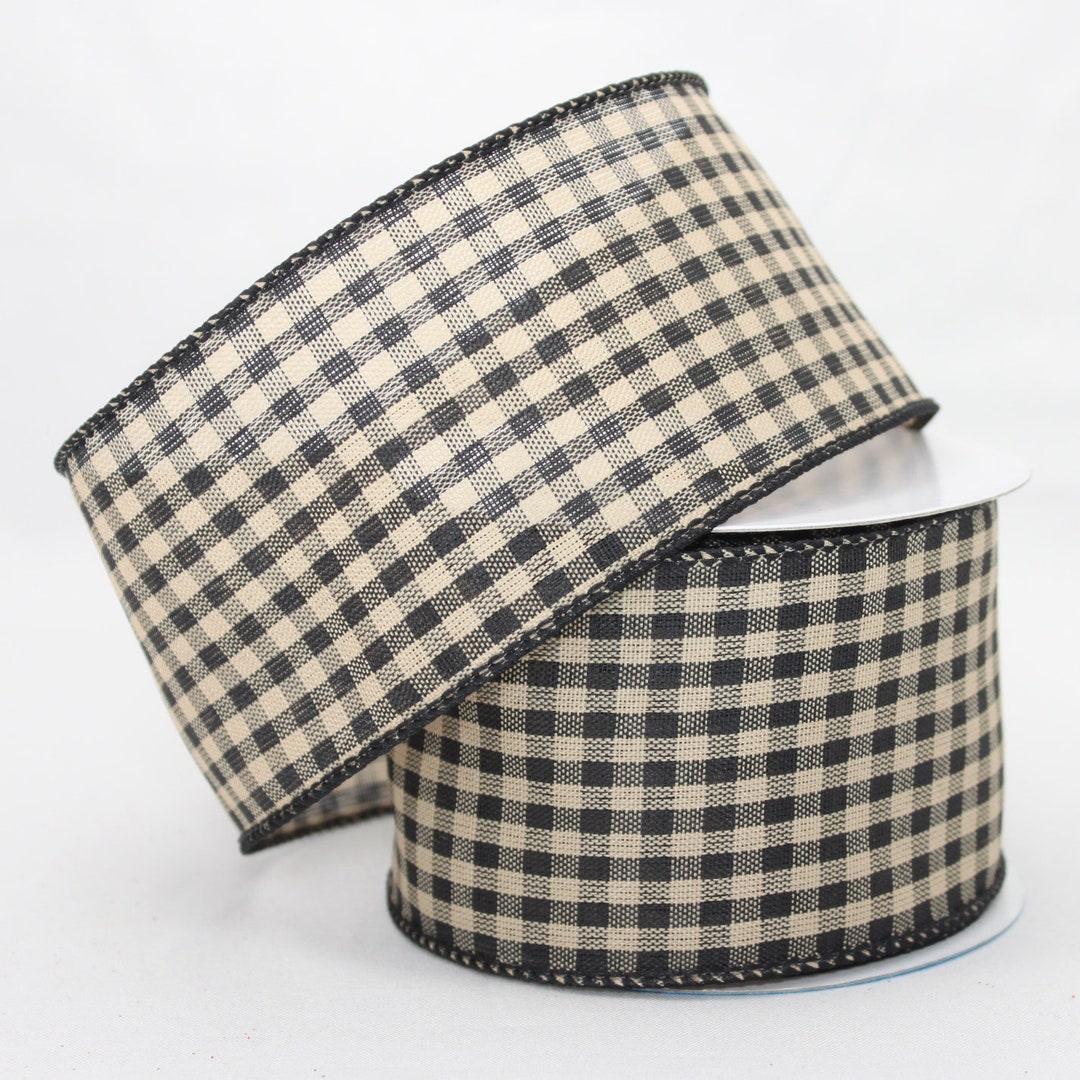 10 Yards Black Natural Gingham Wired Ribbon - 2.5" Wide Ribbon, Plaid ...