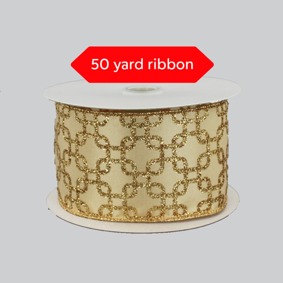 50 Yards Antique Gold Interlock Wire Edge Ribbon - Ribbon for Wreaths ...