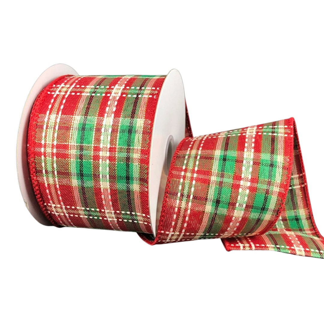 10 Yards Red Green Christmas Dash Plaid Wired Ribbon - Christmas Ribbon ...