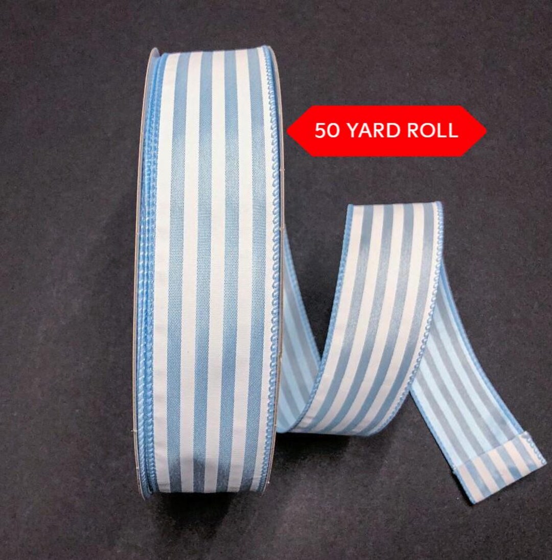50 Yards Light Blue White Stripe Edge Wire Edge Ribbon - 1.5" Wide ...