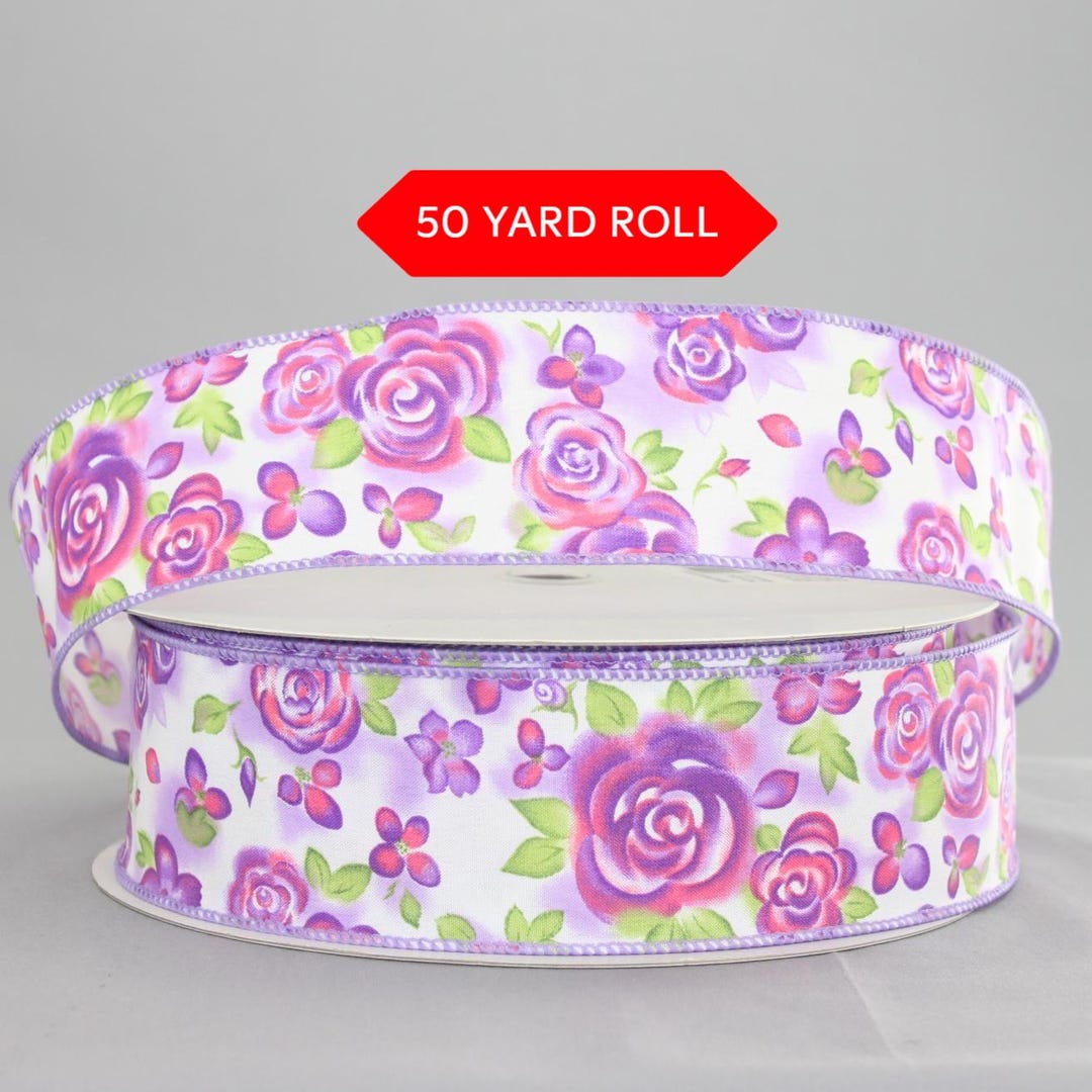 50 Yards Lavender Purple Watercolor Floral Wire Edge Ribbon - Floral ...