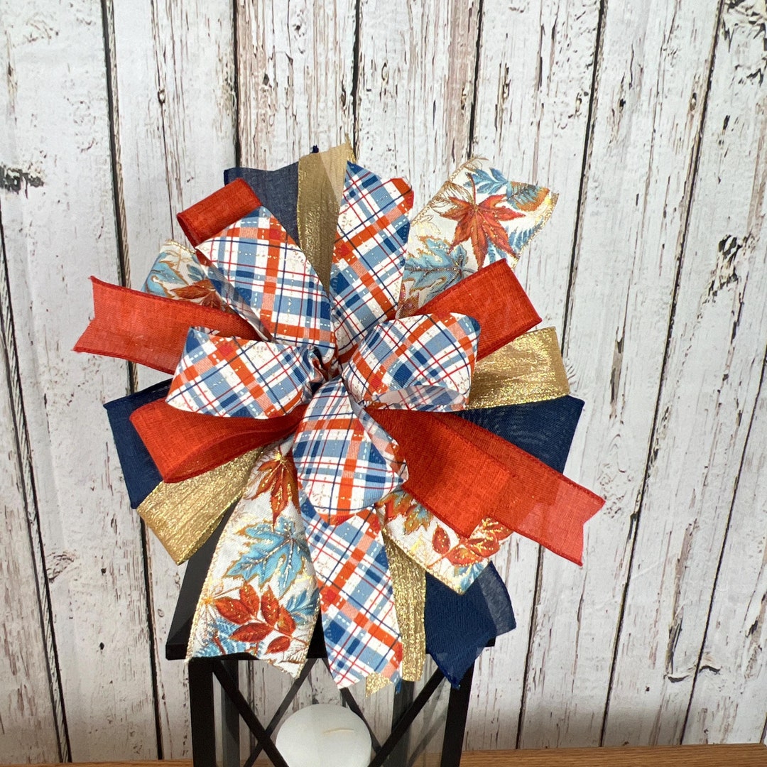 Fall Maple Leaves Blue Orange Wreath Bow - Fall Wreath Bow, Fall Leaves ...