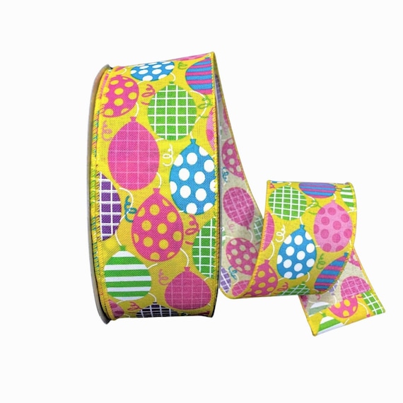 Festive Balloon Yellow Wired Ribbon - Birthday Wired Ribbon, Wired ...
