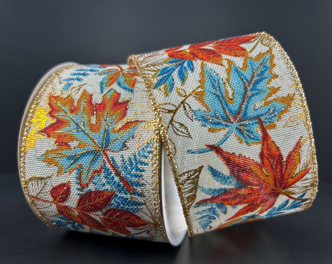 Blue Burnt Orange Fall Maple Leaves Wired Ribbon - 2.5" Wide Ribbon ...