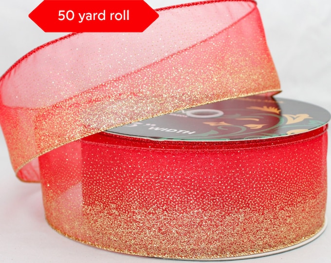 50 Yards Red Gold Sparkle Ombre Christmas Wired Ribbon Christmas Ribbon ...