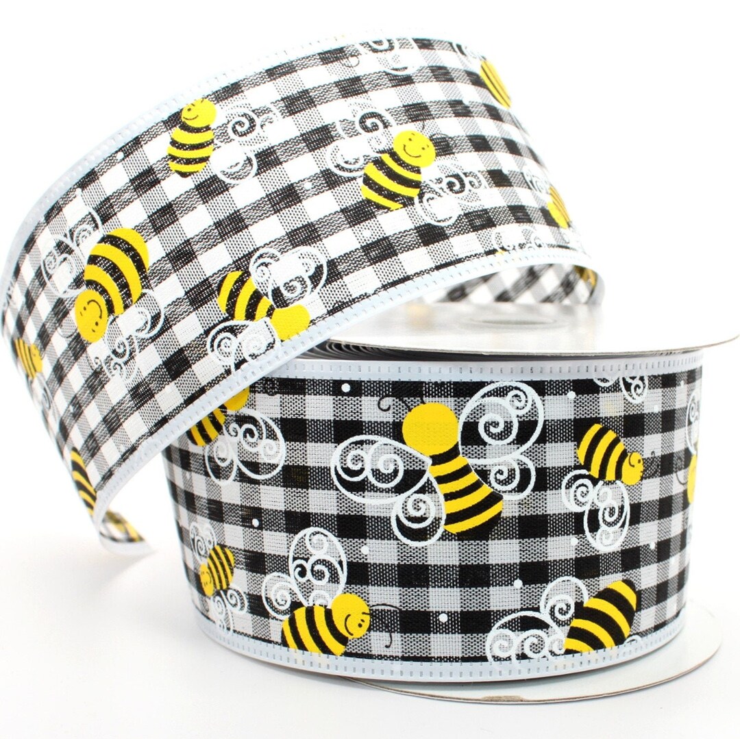 Black White Gingham Bumble Bee Wired Ribbon - Bumblebee Wired Ribbon ...