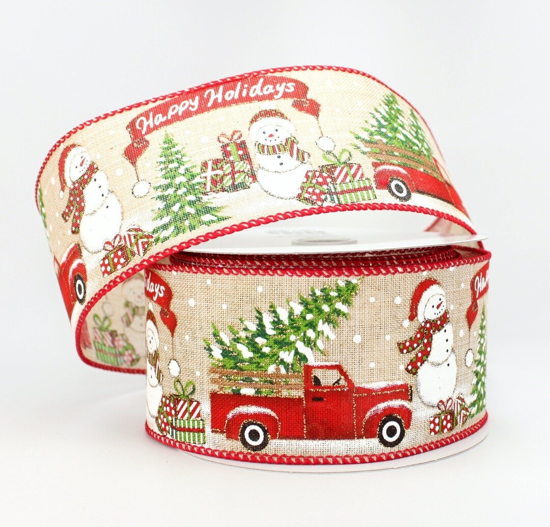 10 Yards Happy Holidays Snowman Christmas Wired Ribbon - Red Truck ...