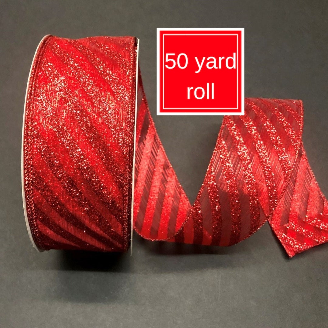 50 Yards Red Diagonal Sparkle Stripe Sheer Christmas Wired Ribbon 2.5 ...