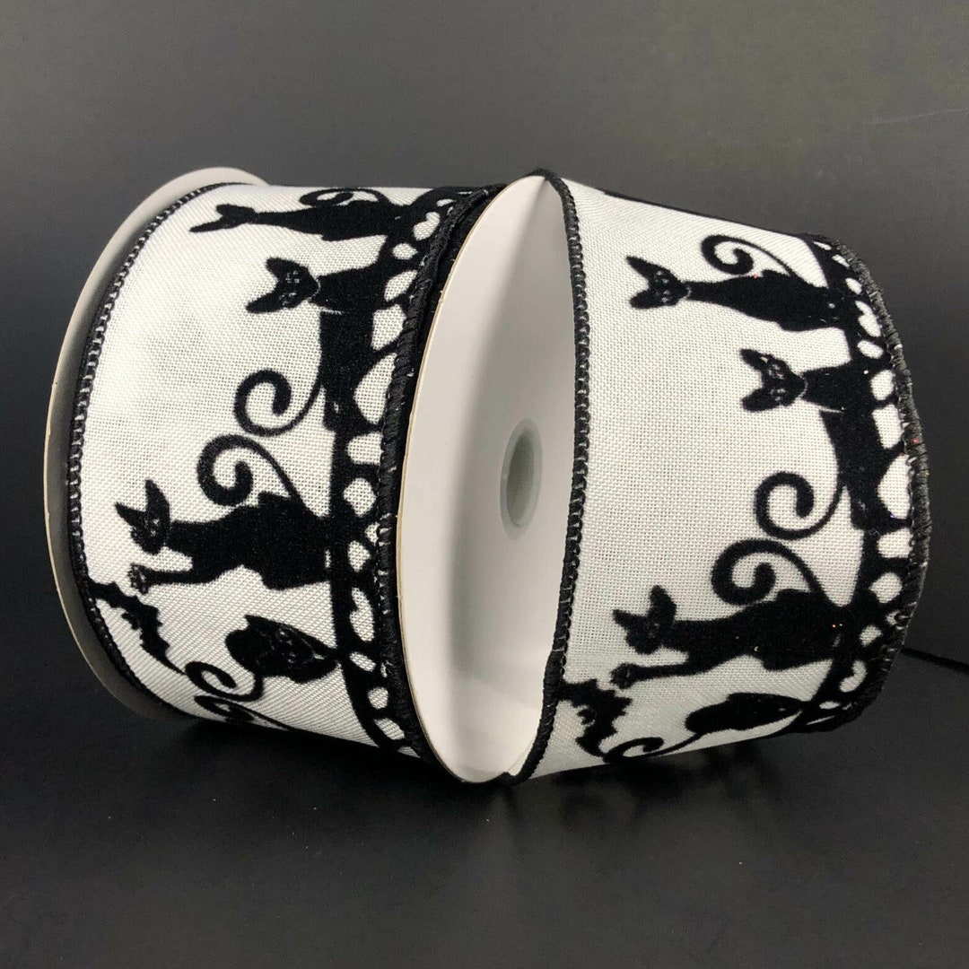 10 Yards Flocked Halloween Cats Wired Ribbon - Halloween Ribbn, Ribbon ...