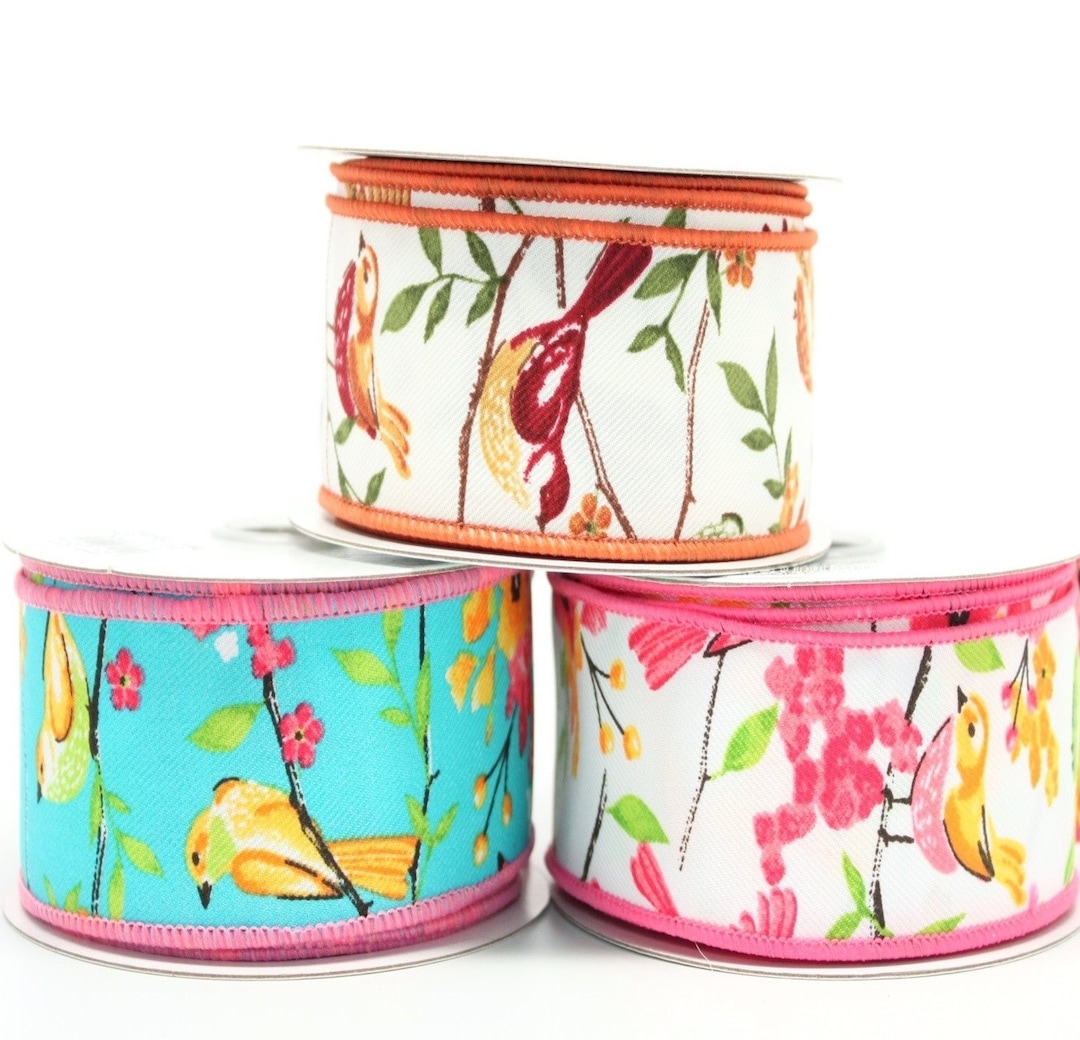 10 Yards Watercolor Birds Floral Branches Wired Ribbon - 3 Color ...