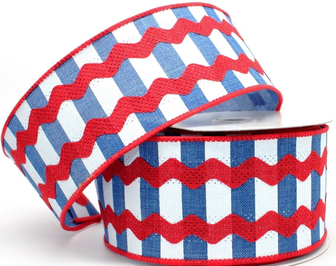 10 Yards Blue White Stripe Red Ric Rac Wired Ribbon - Ribbon for ...