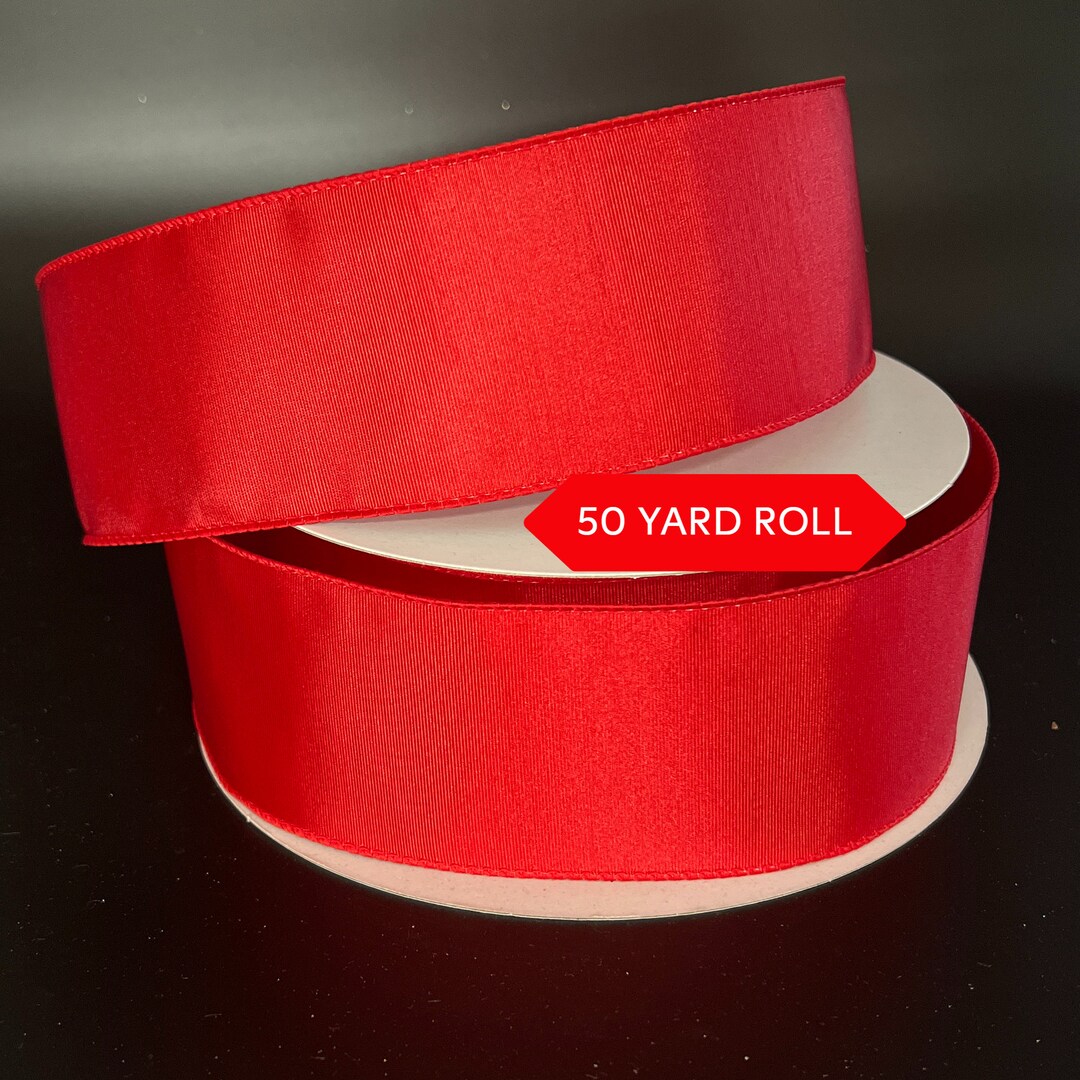 50 Yards Red Ribbed Satin Wired Ribbon - Christmas Ribbon, Red Ribbon ...