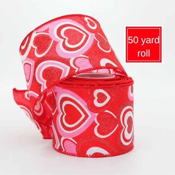 50 yards Pink Red Stacked Sparkle Hearts Wire Edge Valentine's Day Ribbon - 2.5" Wide Ribbon ...