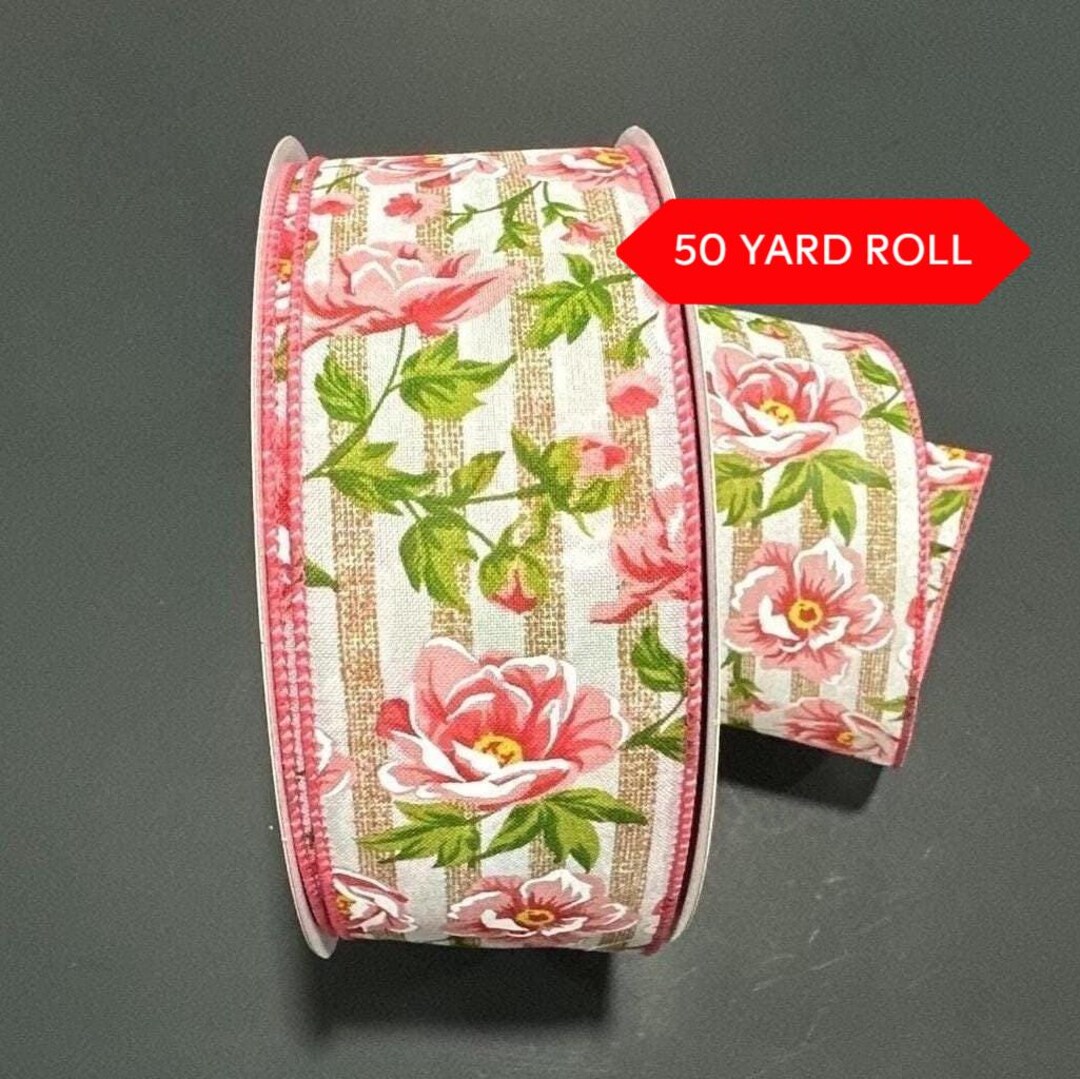 50 Yards Pink Peonies Cabana Stripe Wire Edge Ribbon - Floral Wire ...