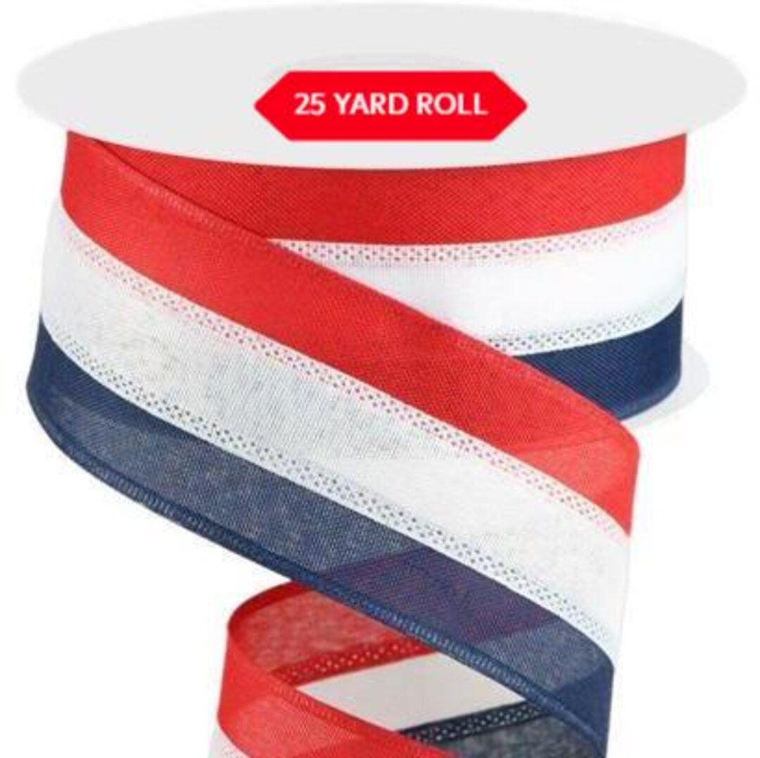 25 Yards 2.5" Tri-color Stripe Patriotic Faux Burlap Wired Ribbon ...