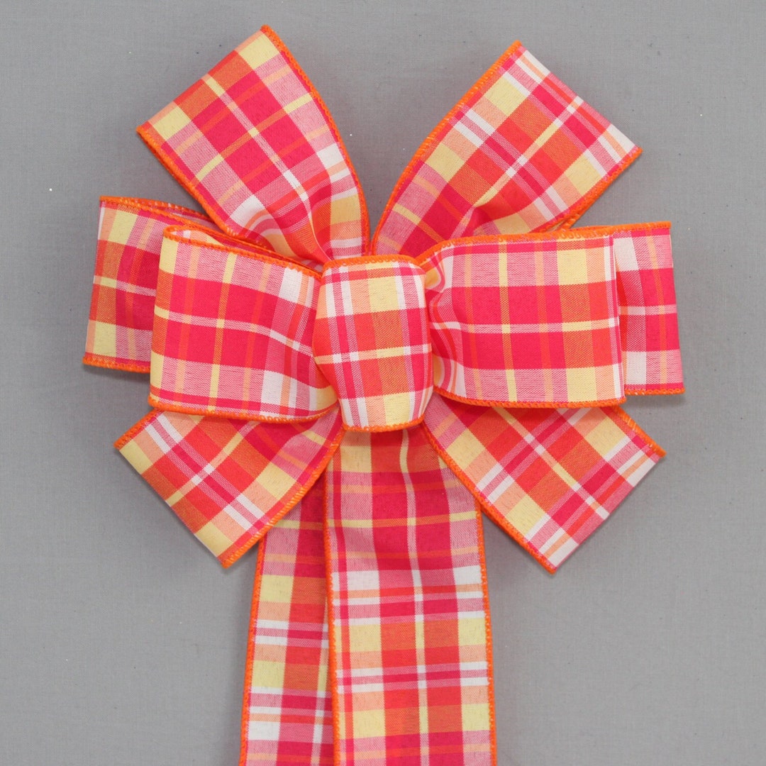 Hot Pink Orange Toni Plaid Wreath Bow - Plaid Easter Bow, Easter Wreath ...