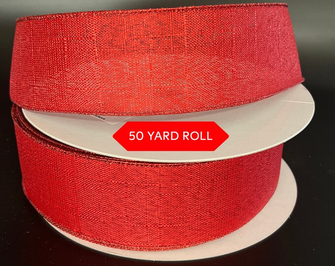 50 Yards Red Woven Metallic Wired Ribbon - Christmas Ribbon, Red Ribbon ...