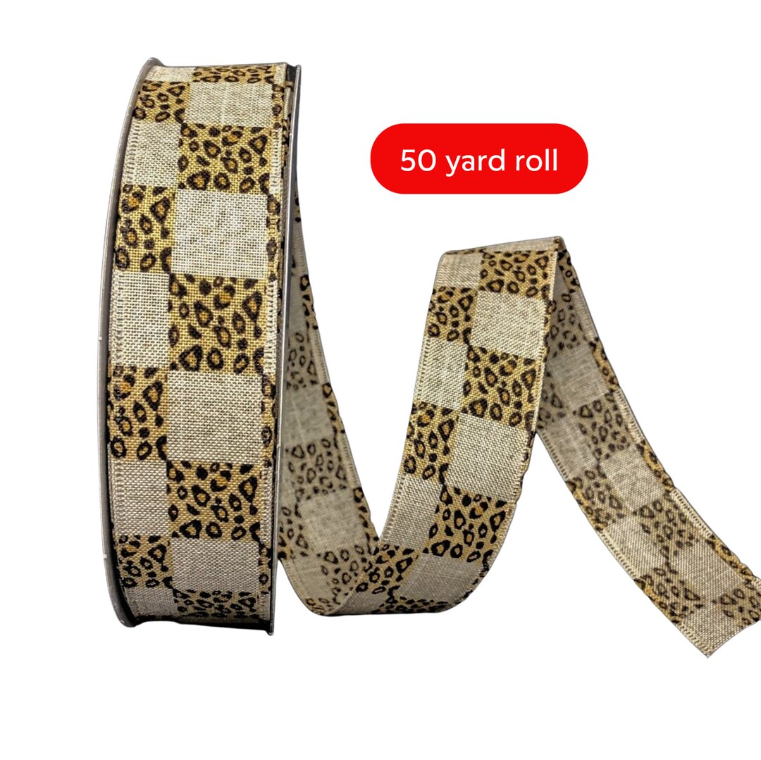 50 Yards Natural Leopard Check Wired Ribbon - Leopard Wired Ribbon ...