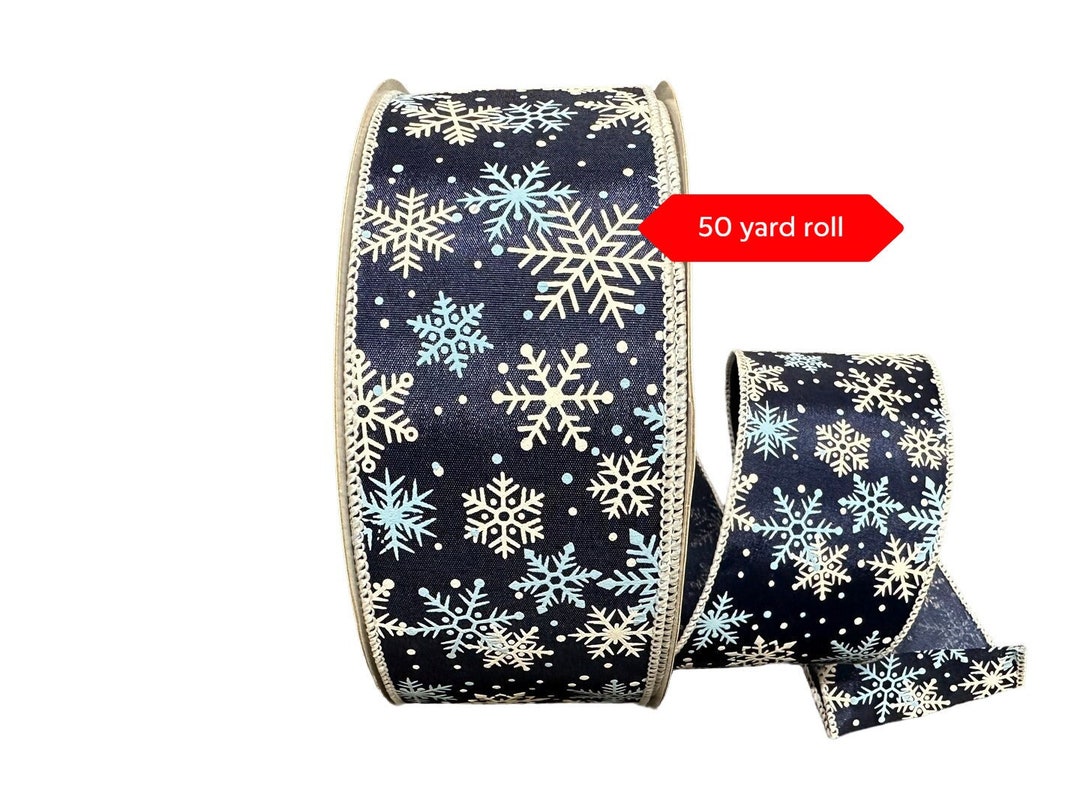 50 Yards Navy Light Blue Snowflakes Christmas Wired Ribbon - Snowflake ...