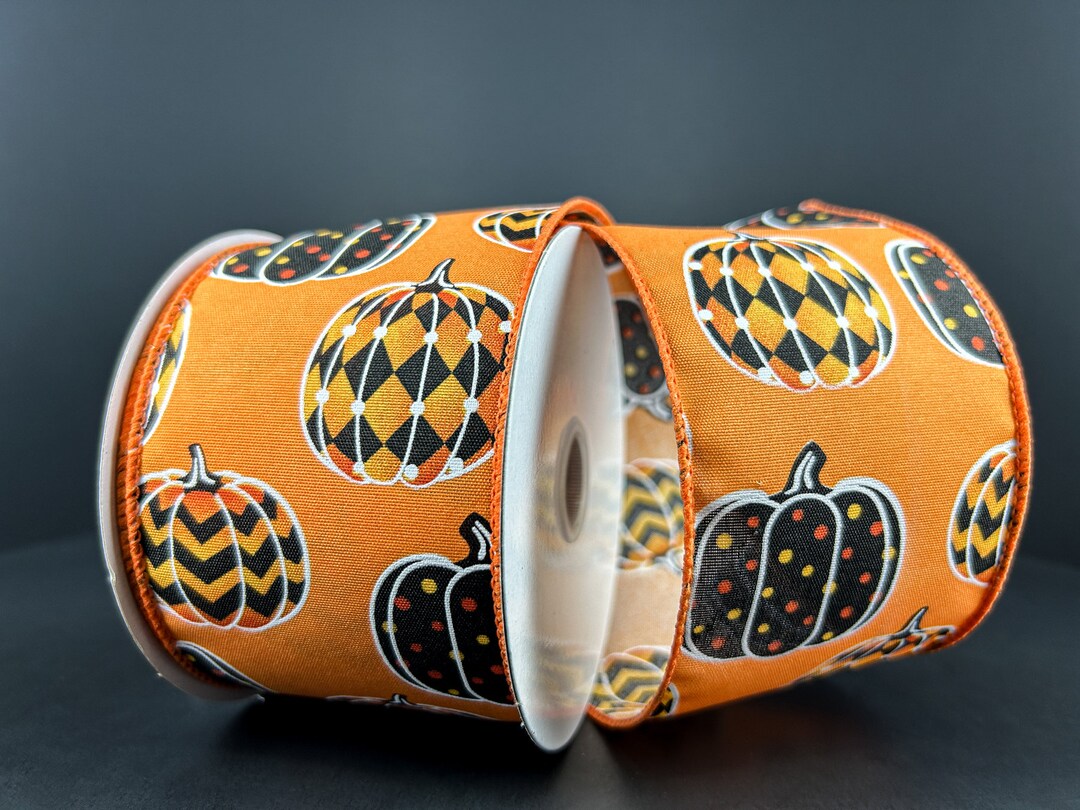 10 Yards Orange Patterned Halloween Pumpkins Wired Ribbon - Pumpkin ...