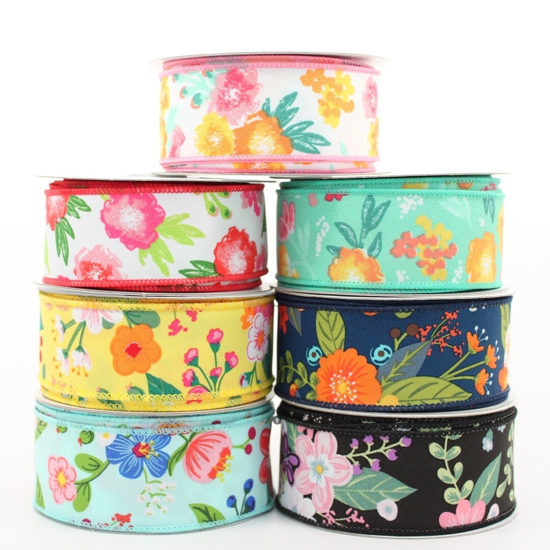 10 Yards Watercolor Floral Wired Ribbon - 7 Color Options, Floral ...