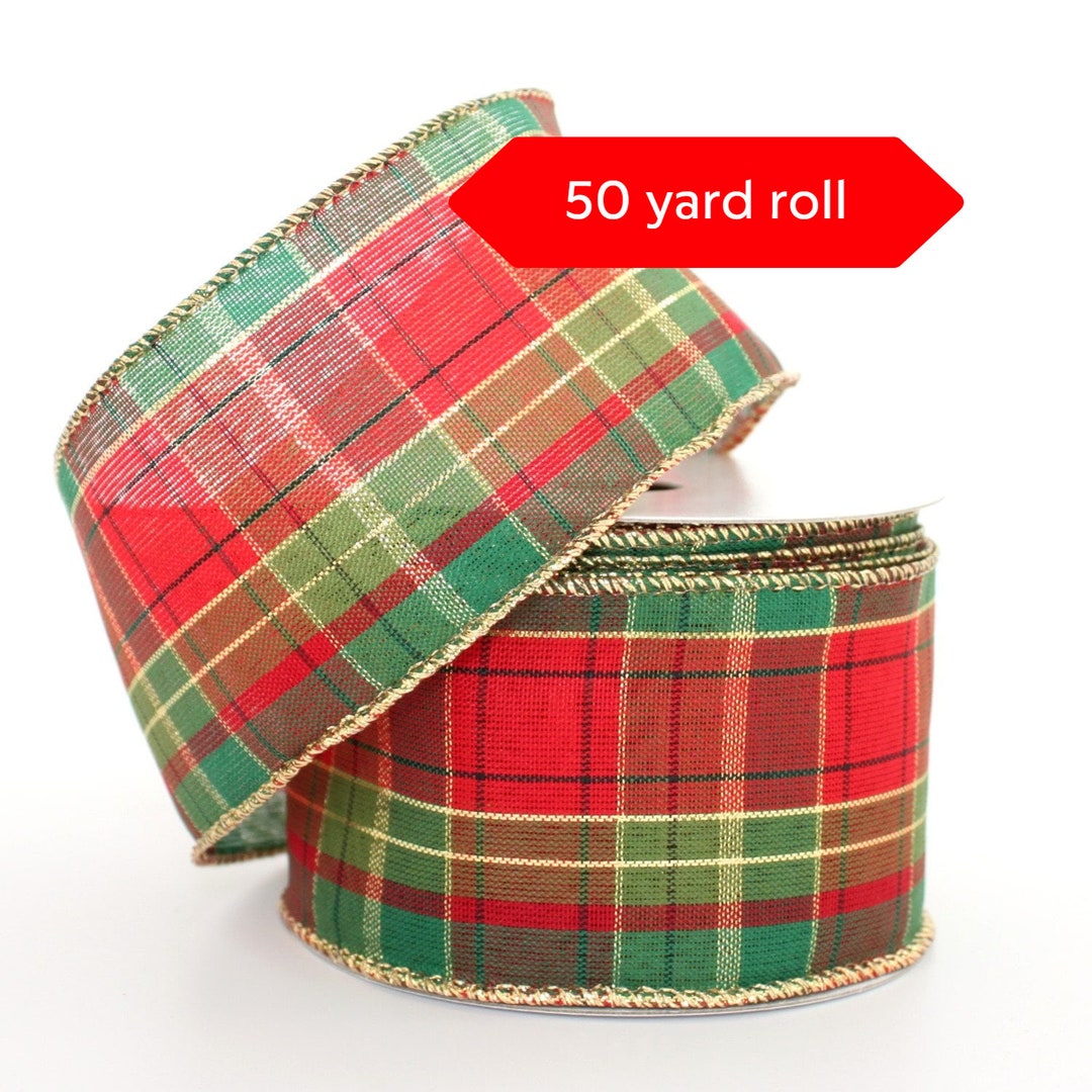 50 Yards Red Green Plaid Christmas Plaid Wired Ribbon Christmas Ribbon ...