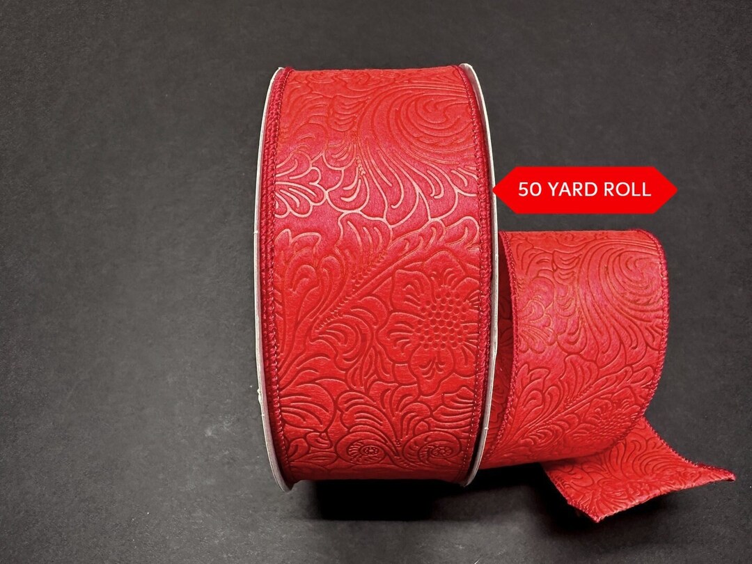50 Yards Red Embossed Weatherproof Christmas Wired Ribbon - Christmas ...