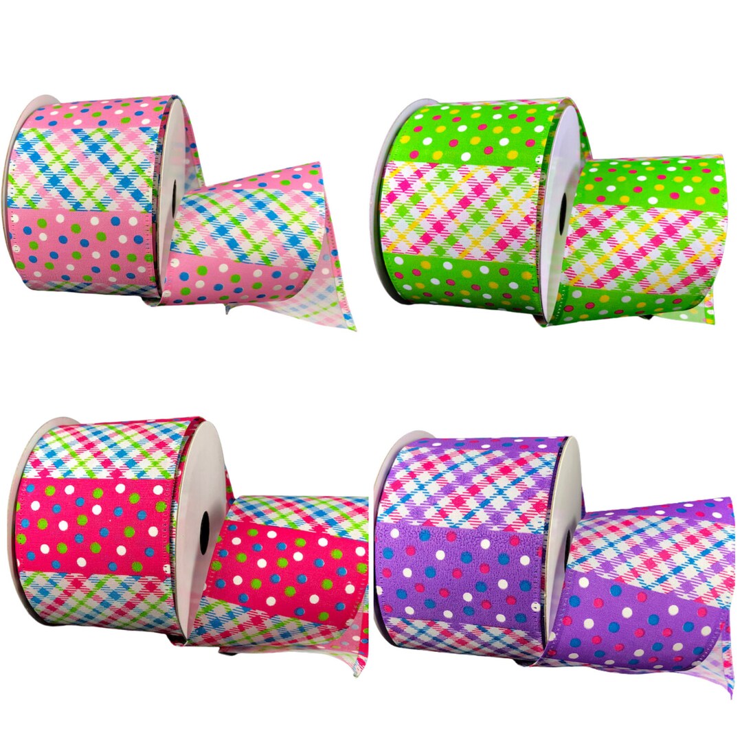10 Yards Argyle Polka Dot Spring Wired Ribbon 2.5 Wired Ribbon, 4 Color ...