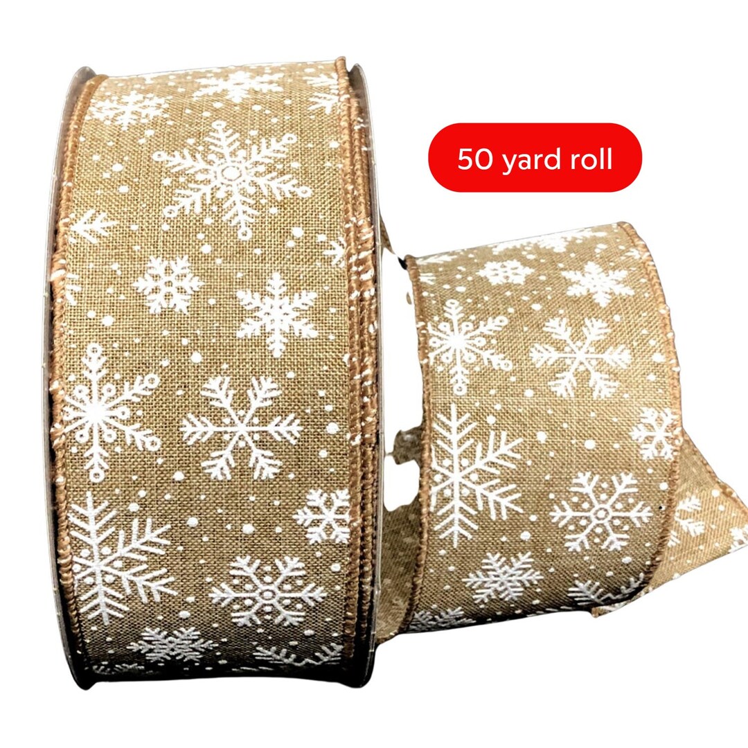 50 Yards Natural White Rustic Snowflakes Christmas Wired Ribbon ...