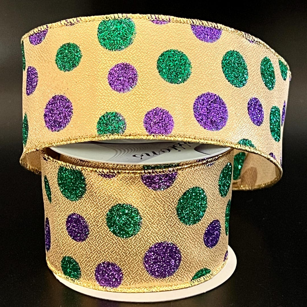 10 Yards Mardi Gras Sparkle Polka Dot Wired Edge Ribbon - 2.5" Wide ...