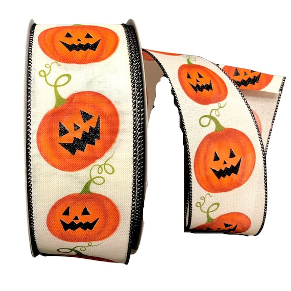 Ivory Jack-o-Lanterns Black Halloween Wired Ribbon - Halloween Wired ...