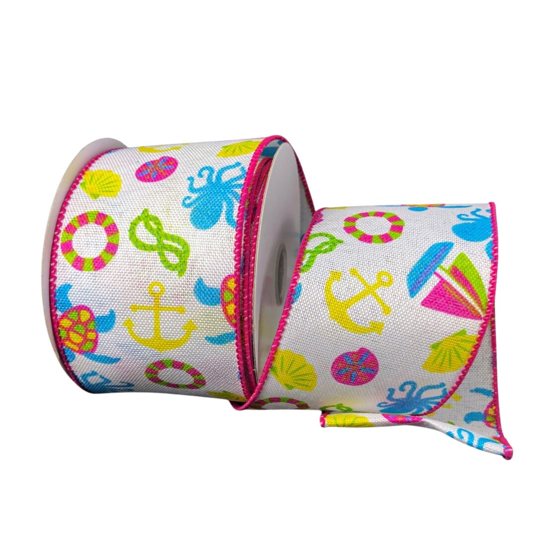 10 Yards Bright Tropical Icons Wired Ribbon - Tropical Ribbon, Beach ...