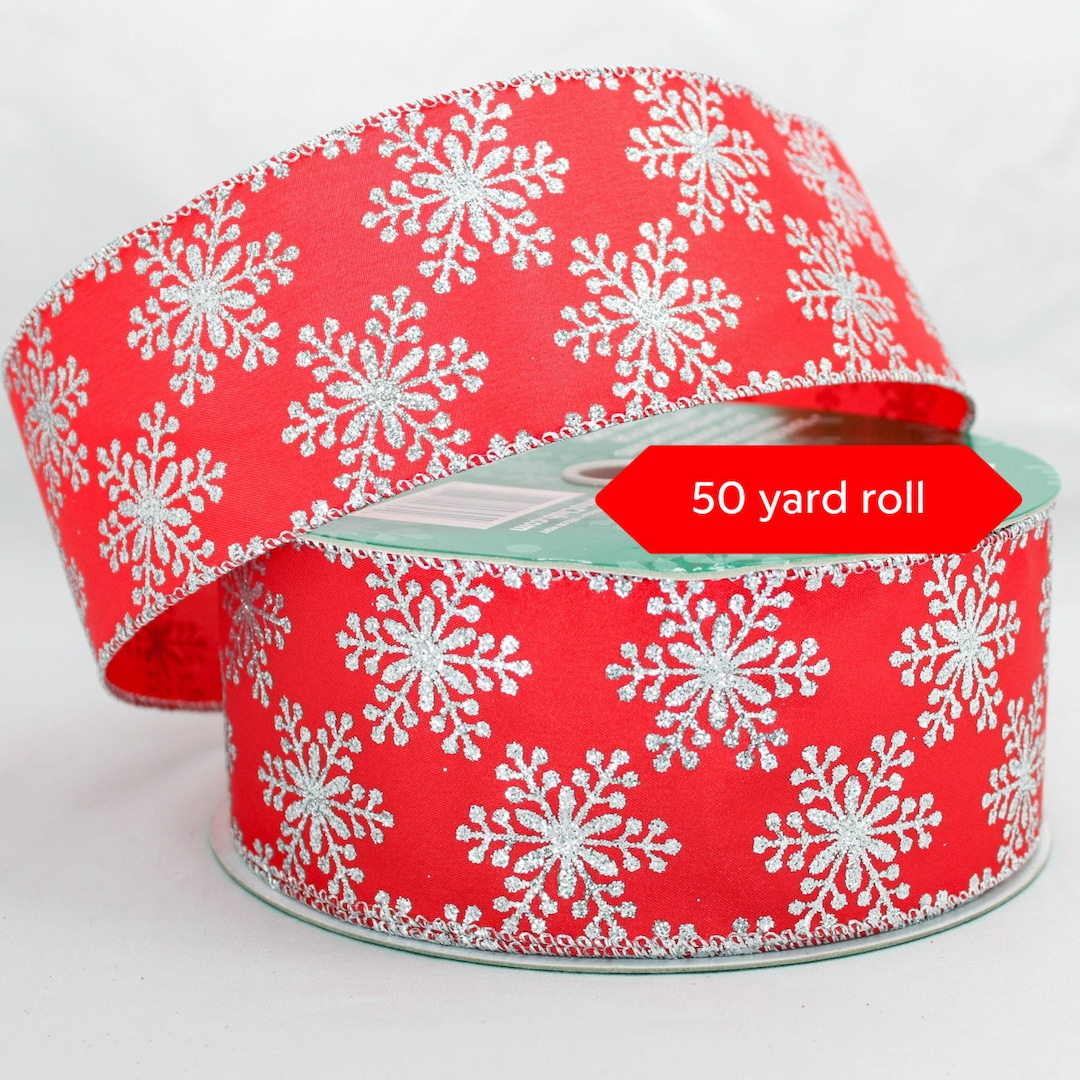 50 Yards Red Silver Sparkle Snowflake Christmas Wired Ribbon ...