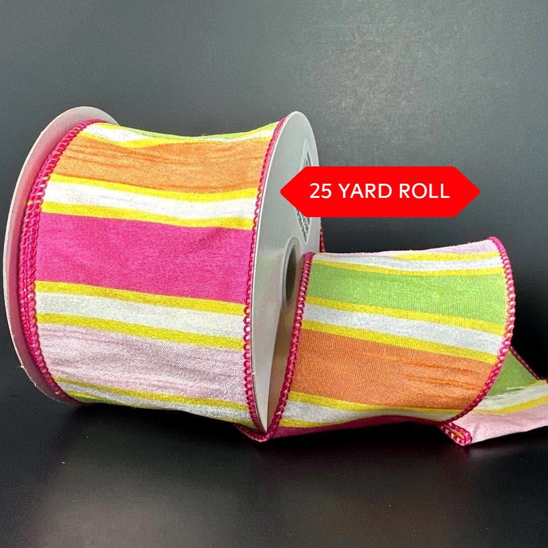 25 Yards - 2.5" Summer Dupioni Stripes Wired Ribbon - Wreath Ribbon ...