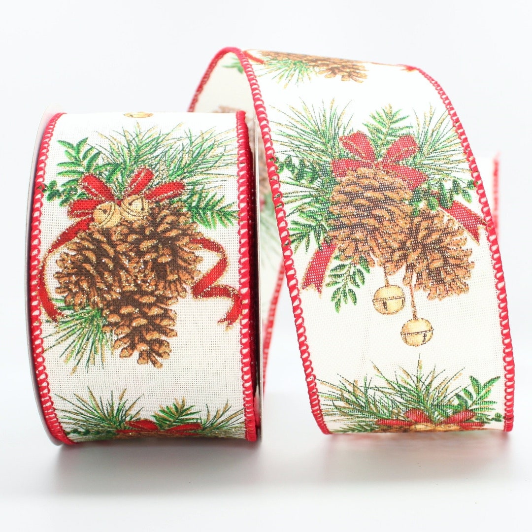 10 Yards Rustic Pinecone Bells Christmas Wired Ribbon - 2.5" Wire ...